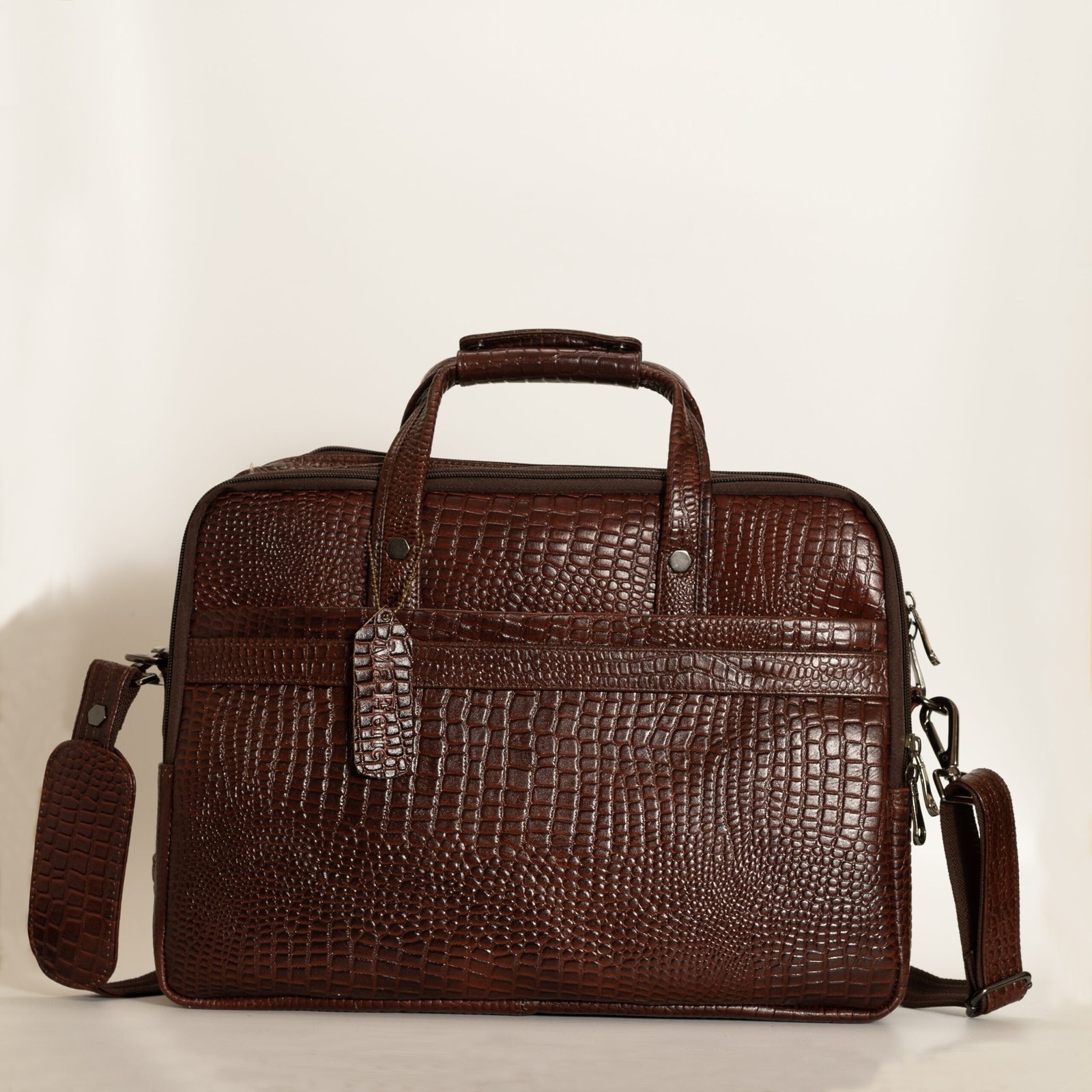Brown Croc-Textured Leather Laptop Bag – Brown – Ma Fierté